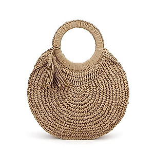 Women Straw Totes Beach Shoulder Bags Woven Handbags Purse Large Straw Basket Wicker Rattan Purse for Summer Vacation (F)