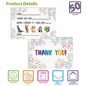 Better Office Products 50 Pack Kids Fill in the Blank Thank You Cards with Envelopes, for Boys and Girls, 4.25 x 6 Inch, Double Sided Design, Fun Characters to Circle
