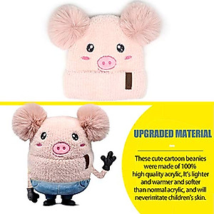 Kids Winter Beanie Knitted Hats for Girls Boys Toddler Baby, Pig Cartoon Animal Faux Fur Double Pom Pom Bobble Warm Soft Fleece Cute Infant Stocking Cap For Children