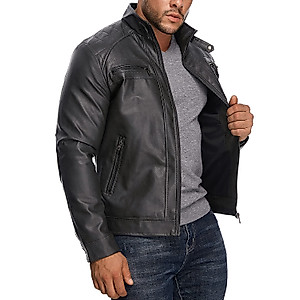 HOOD CREW Men’s Stand Collar Leather Jacket Casual Faux Leather Motorcycle Jacket Outerwear Coat with Zipper Pockets Black XXL