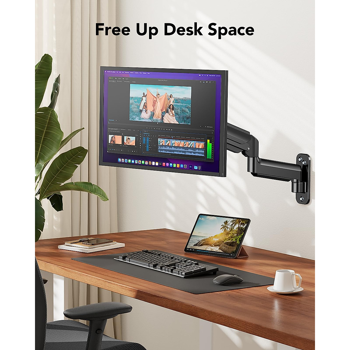 HUANUO Computer Monitor Wall Mount for 22 to 35 inch Flat Curved Screens, Single Wall Mount Monitor Arm Holds up to 26.4lbs, Height Adjustable Full Motion Gas Spring Vesa Wall Mount, Max 200x200mm