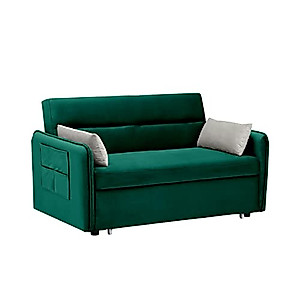 Velvet Upholstered Loveseat Sleeper w/Side Storage Pockets, 54'' 2-Seaters Sofa with Pull-Out Couch Bed with 2 Pillows & Adjustable Backrest for Living Room Apartment Office Compact Space, Green