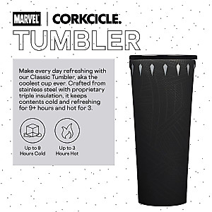 Corkcicle Marvel 24 Ounce Triple Insulated Stainless Steel Travel Cup Tumbler with Lid and Silicone Bottom for Hot and Cold Drinks, Black Panther