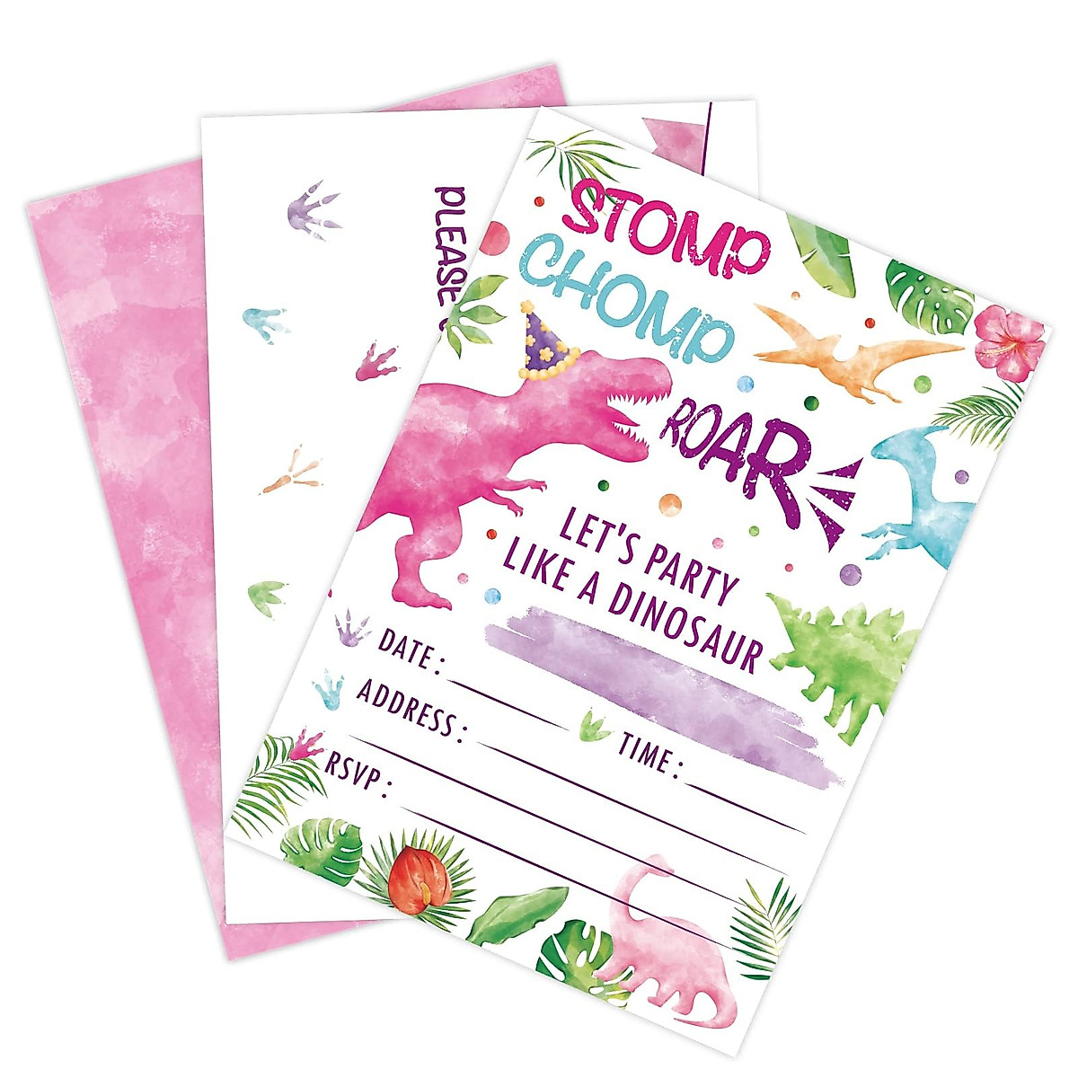 WERNNSAI 20 Sets Watercolor Dinosaur Party Invitation with Envelopes - Fill-in Invitations Cards for Girls Dinosaur Birthday Party Supplies Baby Shower Invites Double-Sided Printed T-Rex Cards