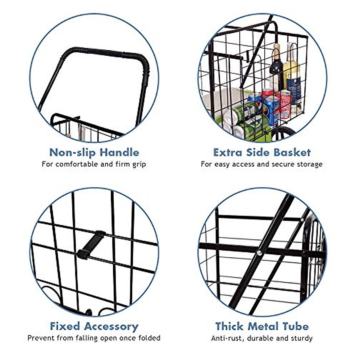 Safstar Folding Shopping Cart, Metal Grocery Cart w/Extra Basket & 360° Swivel Wheels & Non-Slip Handle, Heavy Duty Utility Cart for Grocery Laundry Book Luggage (Black)