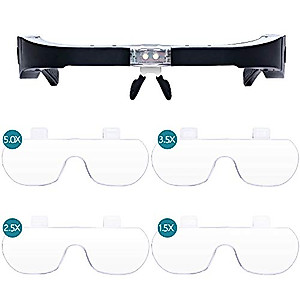 Headband Magnifier, Rechargeable Magnifying Glasses with Light Hands Free Interchangeable Magnification Lenses 1.5X 2.5X 3.5X 5X for Jewelry, Crafts, Cross Stitch