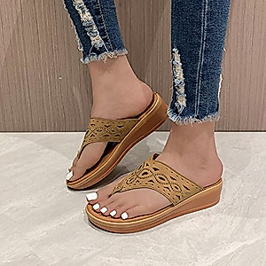 Ladies Fashion Summer Solid Leather Rhinestone Decorative Clamping Toe Slope Heel Casual Sandals for Women Wide Width (Brown, 8)