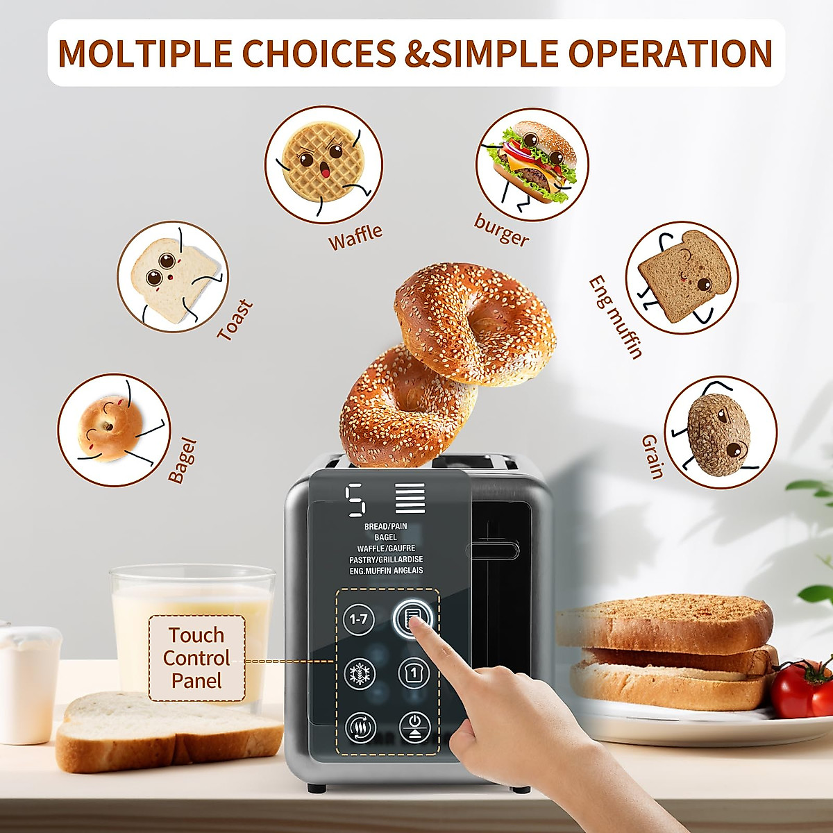 Smart Toaster Digital Tuch Screen Toaster with 5 Bread Selection 7 Shade Setting and Bagel/Defrost/Cancel/Reheat Function 1.5” 2 Slice Stainless Steel Toaster with Removable Crumb Tray