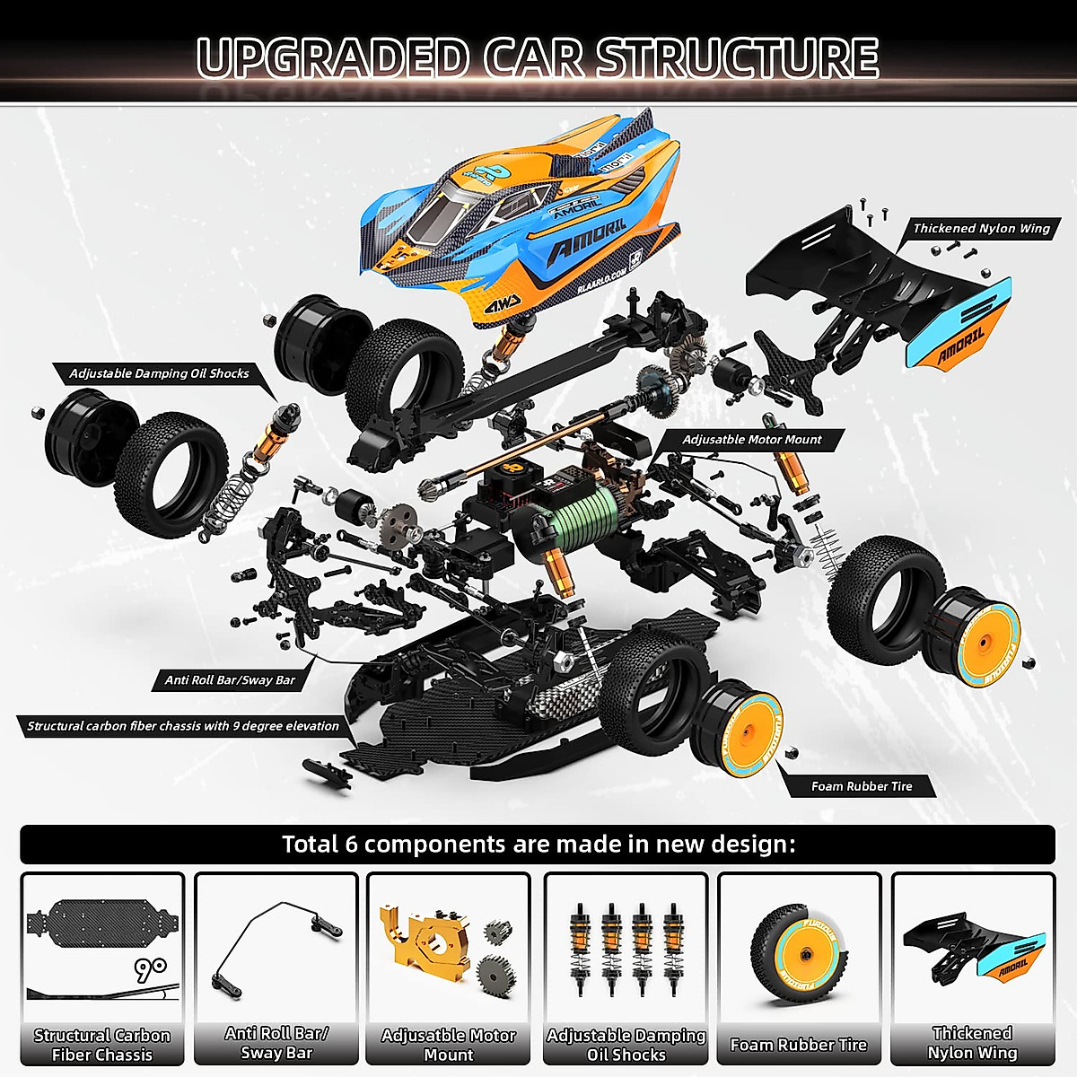 AMORIL1:12 Brushless RC Cars for Adults,Top Speed 90+KPH Fast Remote Control Car with Carbon Fiber Chassis,Adjustable Motor Mount and Central Slipper Clutch,Hobby Buggy Vehicle Gift for Kids