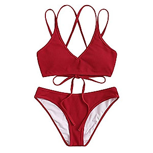 SweatyRocks Women's Bathing Suits Spaghetti Strap Criss Cross Back Bikini Ribbed Swimsuit Red Small