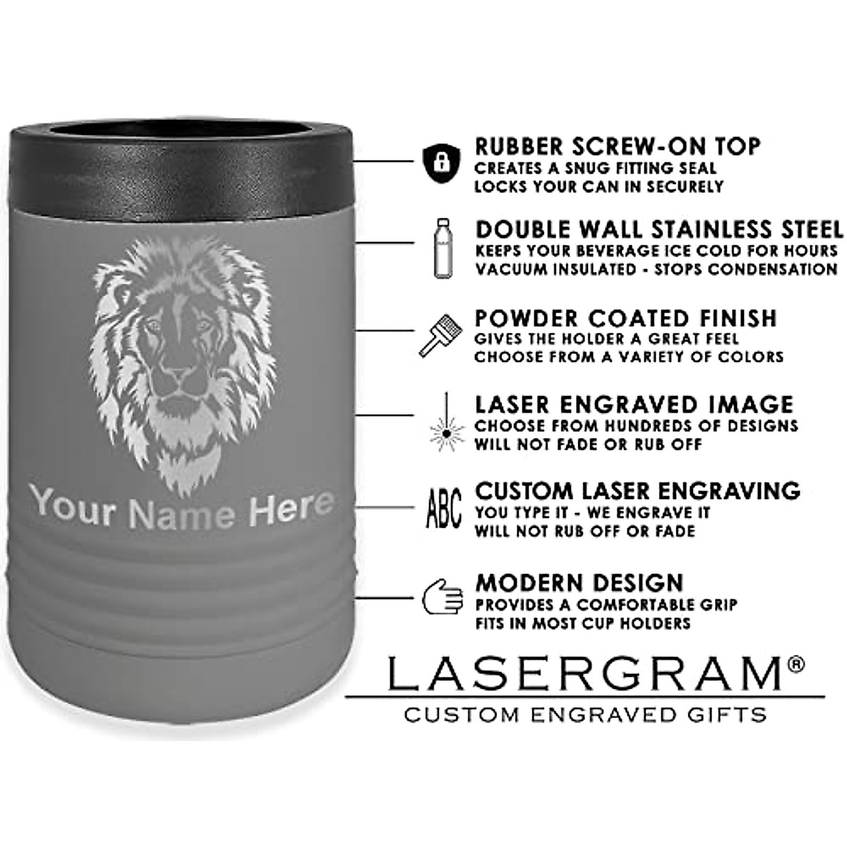 LaserGram Double Wall Insulated Beverage Can Holder, Praying Mantis, Personalized Engraving Included (Standard Can, Gray)