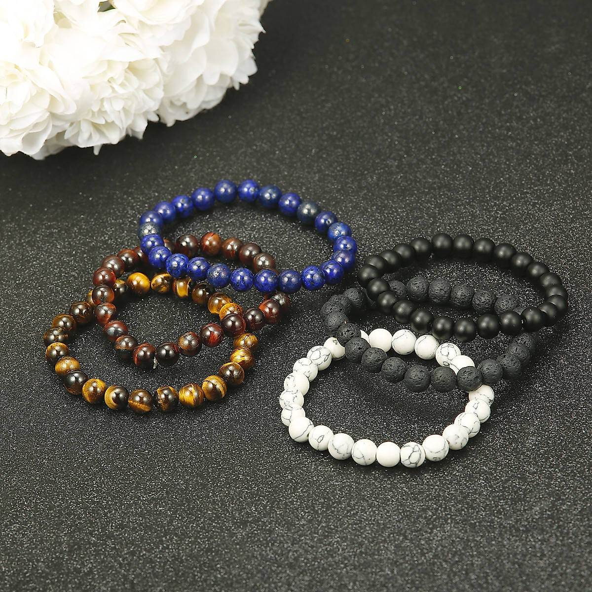 FUNRUN JEWELRY 6PCS Bead Bracelets for Men Women Natural Stone Mala Bracelet (A: 6 PCS Style1)