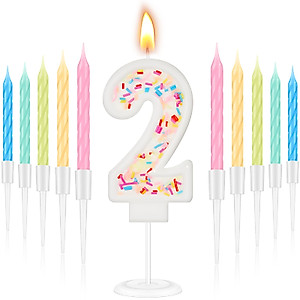 MTLEE Number 2 Happy Birthday Candle 3D Number Candle with Sprinkles Cute Number Candles Cake Topper with 10 Long Thin Rainbow Spiral Candles for Girls Women Anniversary Wedding Party Decor