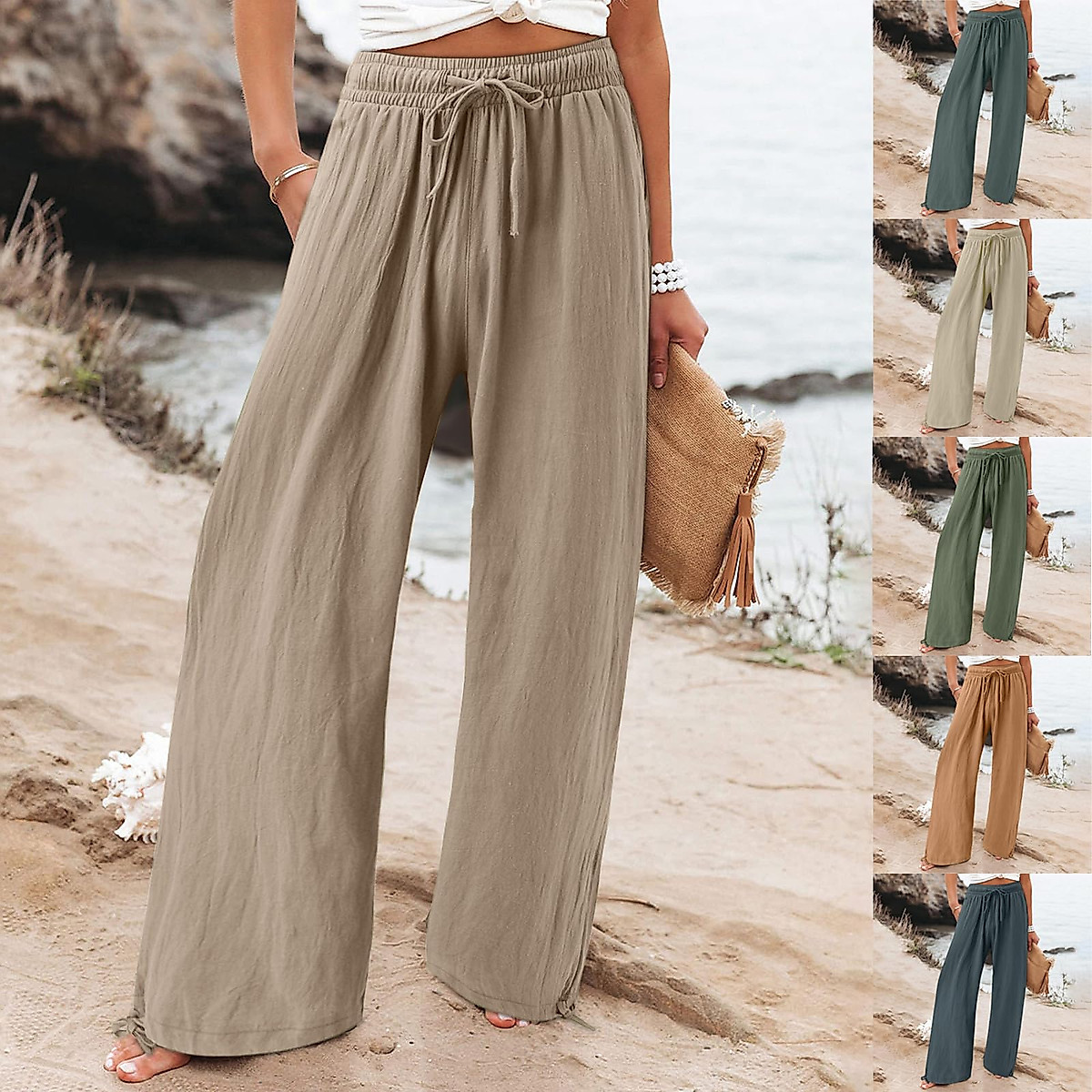 Linen Wide Leg Palazzo Pants - Summer Boho Beach Casual Pants with Pockets, High Waisted, Elastic Waist, Drawstring, Comfy Loose Trousers