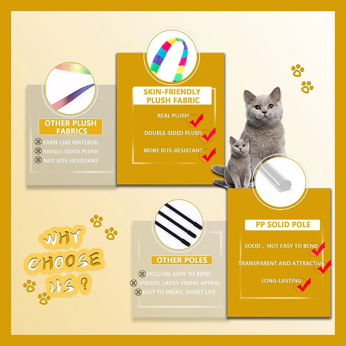 FYNIGO Interactive Cat Rainbow Wand Toys for Indoor Cats and Kittens,Extended Colorful Cat Teaser Wand String Plush Toy,Original Product Strong and Sturdy Pole with Bells(2 Pack)