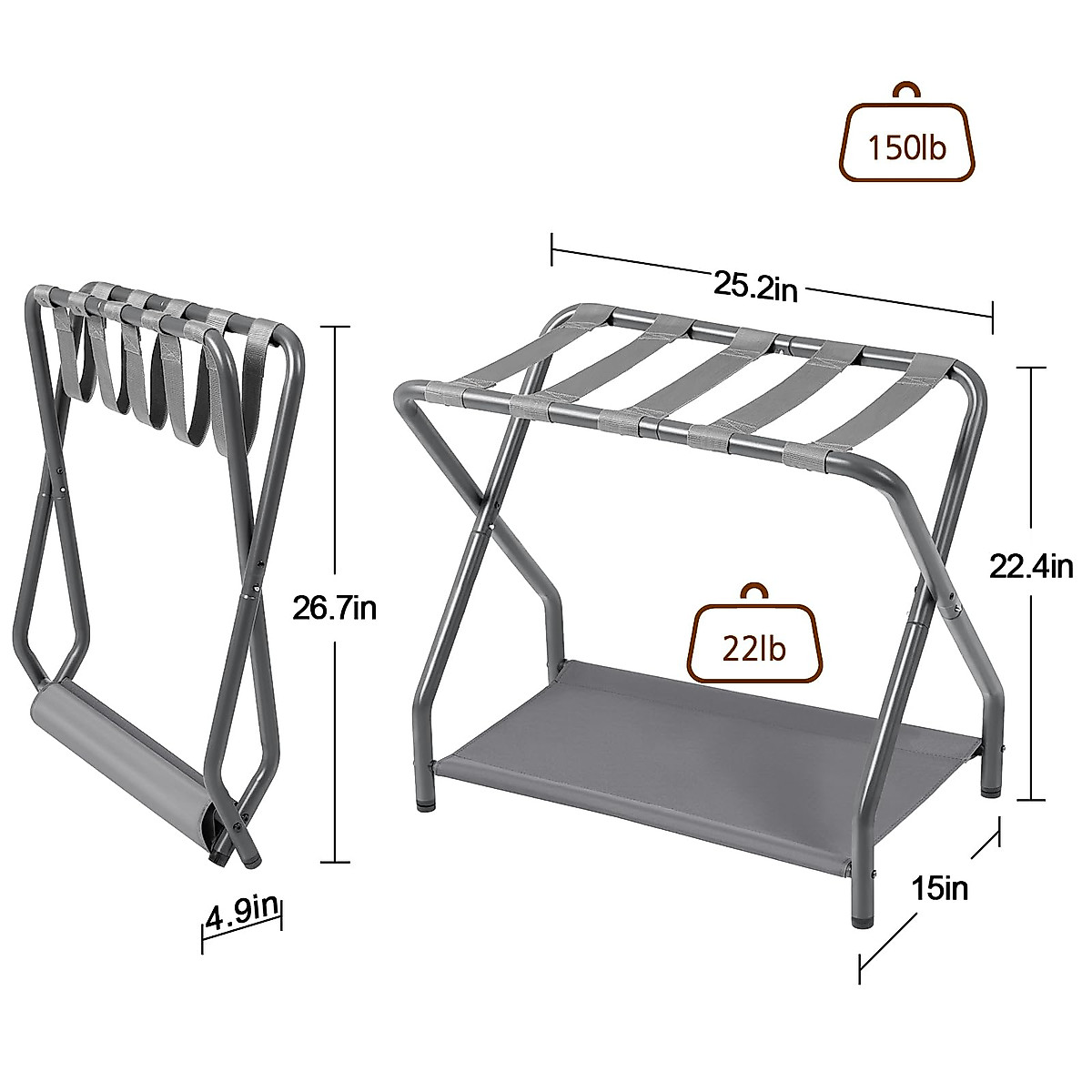 AMHANCIBLE Luggage Rack, Set of 2, Foldable Suitcase Stands for Guest Room, Metal Luggage Holder with Storage Shelf for Bedroom, Hotel, Easy Assemble, HLR02GY