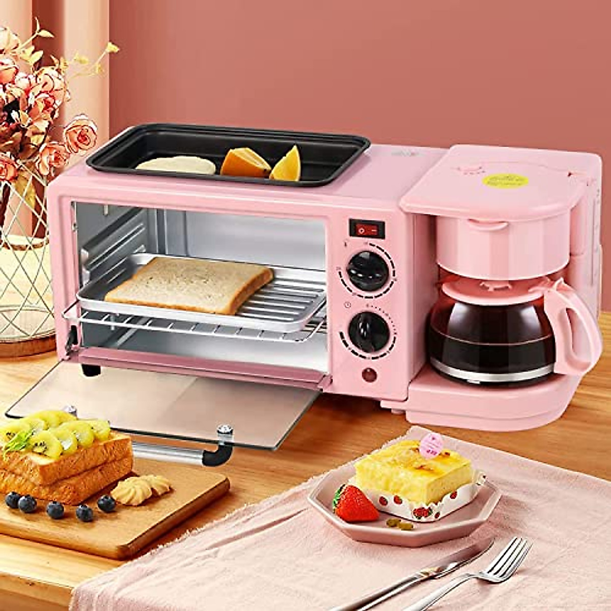 Breakfast Station 3 in 1Multifunctional Toaster Oven Station Coffee Maker Stainless Toaster With Griddle for Making Coffee,Cake,Sandwiches (Pink)