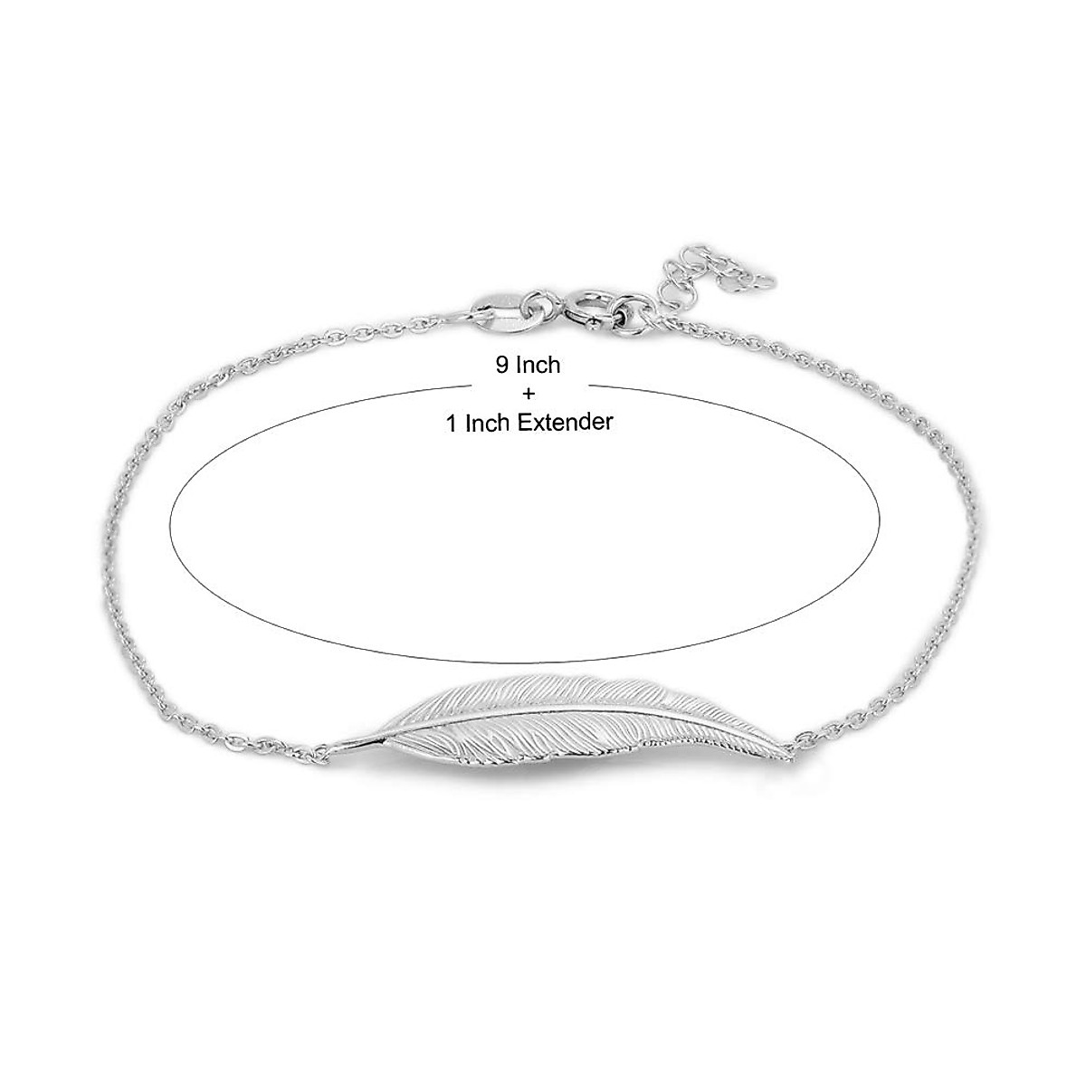Vanbelle Sterling Silver Jewelry - Rhodium Plated with 925 Stamp - Feather Charm Anklet - Elegant handcrafted Chain Anklet for Women - 9" long + 1" extender