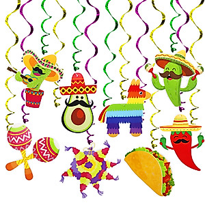 Summer Beach Hanging Swirls, 28Pack Mexican Fiesta Hanging Swirl Decorations, Cinco De Mayo Party Supplies, Taco Twosday Birthday Theme, Taco Party Ceiling Decorations