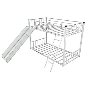 Metal Loft Bunk Bed with Slide and Ladder, Multifunctional Design, with Safety Guard Rails for Kids Teens Adults/Easy to Assemble/No Box Spring Required (White)