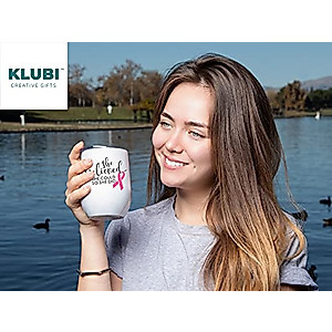 KLUBI Breast Cancer Awareness Gift Large 12oz GLITTER White Tumbler for Wine or Coffee- Idea for Women, Post Surgery, Survivor, Chemo, Glass, Care Packages, Baskets, Chemotherapy Patients