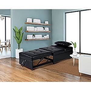 Sleeper Chair Bed, Convertible Chair Bed 4 in 1 Multi-Function Folding Ottoman Sofa Bed with Adjustable Backrest, Modern Single Bed Chair for Living Room/Small Space/Apartment, Black Faux Leather