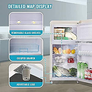 WANAI Mini Fridge with Freezer 3.5 Cu.Ft Compact Refrigerator with 7 Level Thermostat Two Door Portable Room Fridge with Removable Glass Shelves, Suitable for Kitchen Apartment Dorm Bar Redroom, Cream