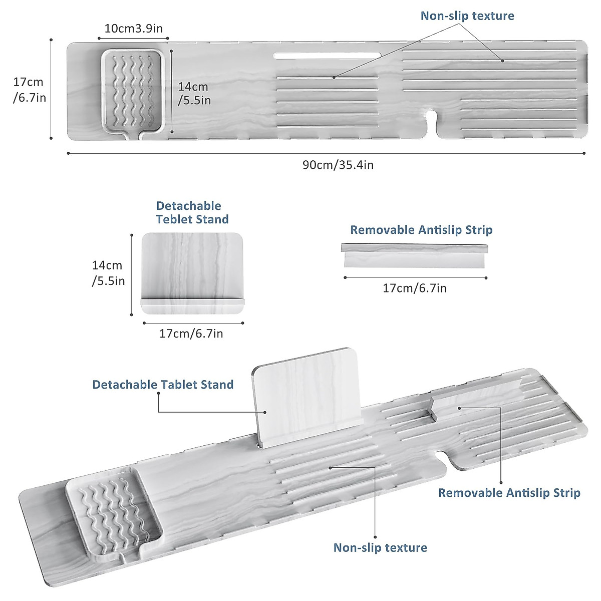 Luxury Bathtub Caddy Tray, Made of Stainless Steel and Silicone, Waterproof, Anti-Bending, Solid Bath Tray for Tub, Ideal Gift for Woman and Man Relaxing, 35.4×6.7 inches