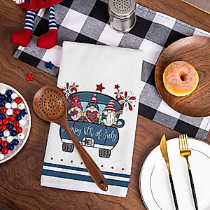 AnyDesign 4th of July Kitchen Dish Towel 18 x 28 Patriotic Gnome Truck Dishcloth Red Blue Star Flower American Flag Cloth Tea Towel Decorative Hand Towel for Bathroom Cooking Baking, 2Pcs