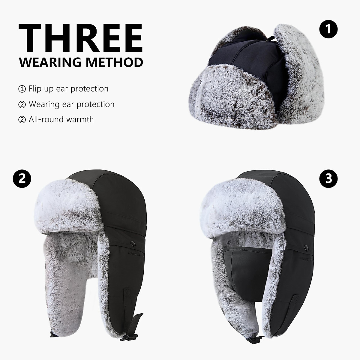 GADIEMKENSD Winter Trapper Hat for Men Warm Russian Ushanka for Women Snow Ski Hunting Trooper Hat with Ear Flaps Chin Strap Windproof Mask Faux Fur Hat Cold Weather Caps Black, XL