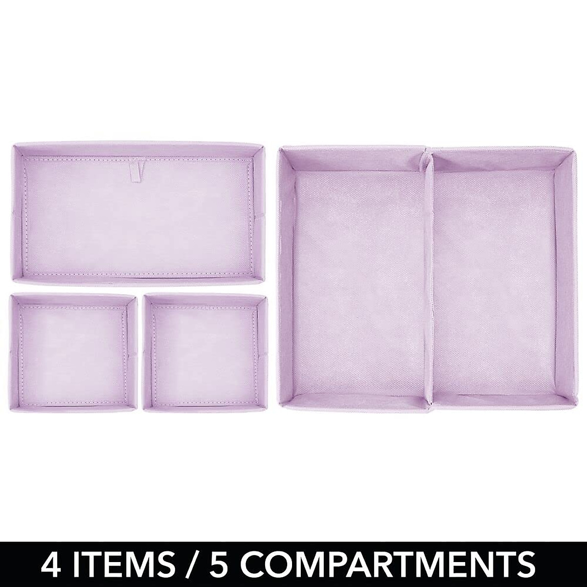 mDesign Fabric 4 Piece Baby/Kids Nursery Drawer Organizer Bins for Dresser and Closet Organization, Hold Clothes, Underwear, Diaper, Socks, Lido Collection, Light Wisteria Purple/White Polka Dot
