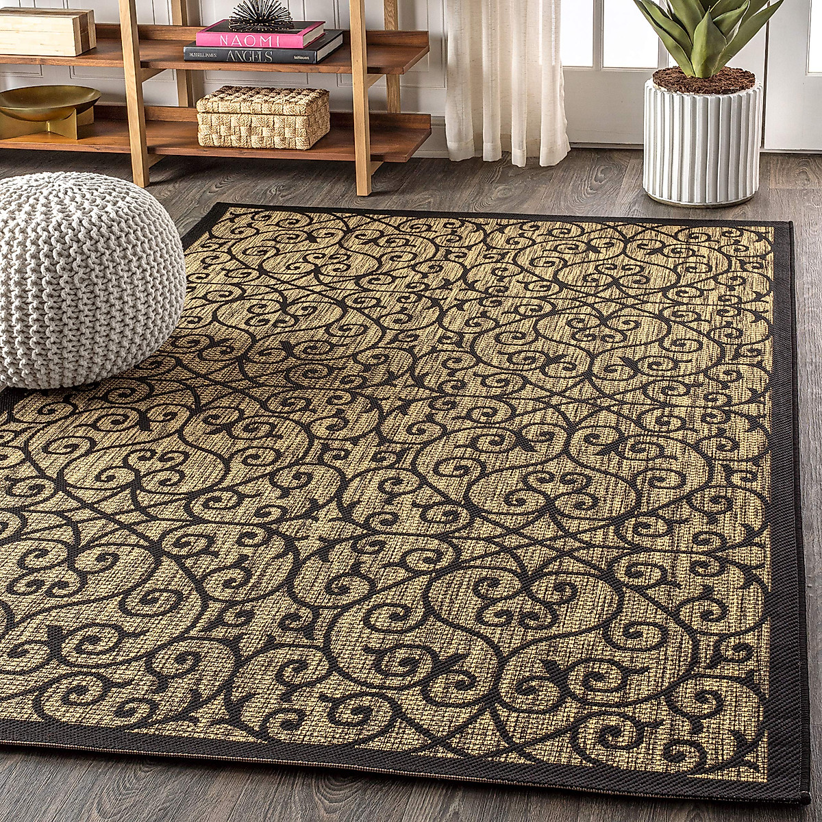 JONATHAN Y Madrid Vintage Filigree Textured Weave Indoor/Outdoor Black/Khaki 5 ft. x 8 ft. Area-Rug, Classic,Easy-Cleaning,HighTraffic,LivingRoom,Backyard, Non Shedding (SMB107A-5)