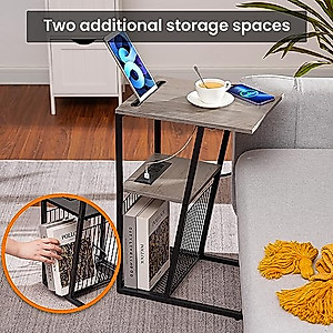 Heybly Side Table C Shaped Nightstand End Sofa Table with Charging Station, Phone Holder, 2 USB Ports and Power Outlets, Snack Couch Tables for Small Spaces, Greige and Black HET001CSG1
