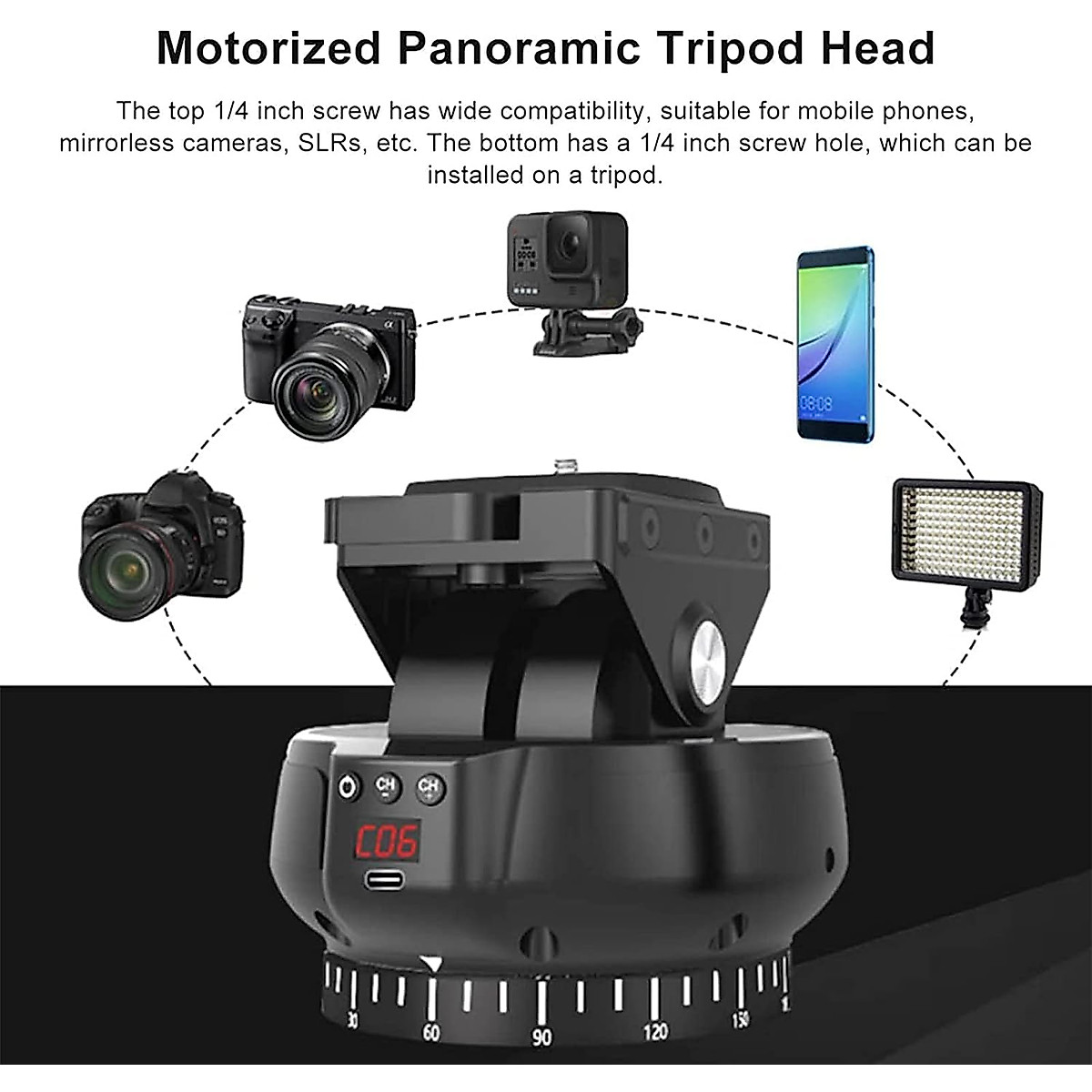 Motorized Pan Tilt Head, 100m Control, 360 Degree Rotation, Tilt ±35 Degree, 9 Gears Adjustable Speed, Panoramic Tripod Head for Smartphones, Camera