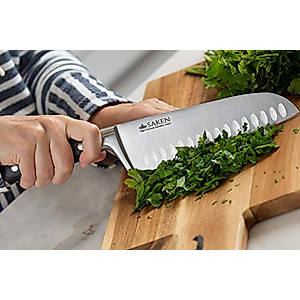 SAKEN Santoku Knife - 7-Inch Japanese Chef Knife with High-Carbon German Steel Blade, Granton Edge, and Ergonomic Handle - Multipurpose Kitchen Knife for Mincing, Slicing, and Dicing