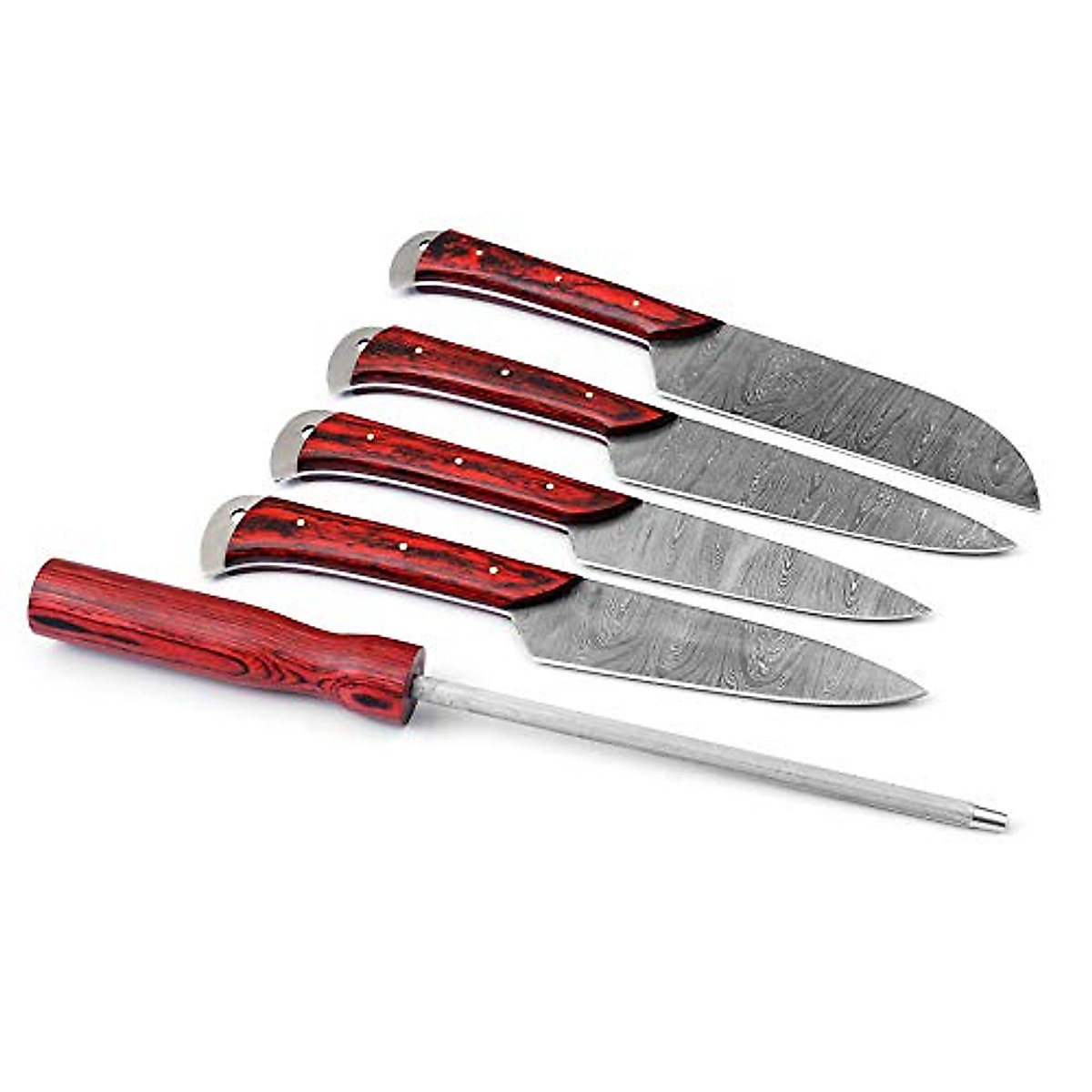 MK-5022 Damascus Chef Knife/Kitchen knife Set of 5 Pieces Professional Japanese Style BBQ Knife Set Custom Handmade Carbon Steel with Red and Brown Pakkawood Handle with Leather Sheath Cover.