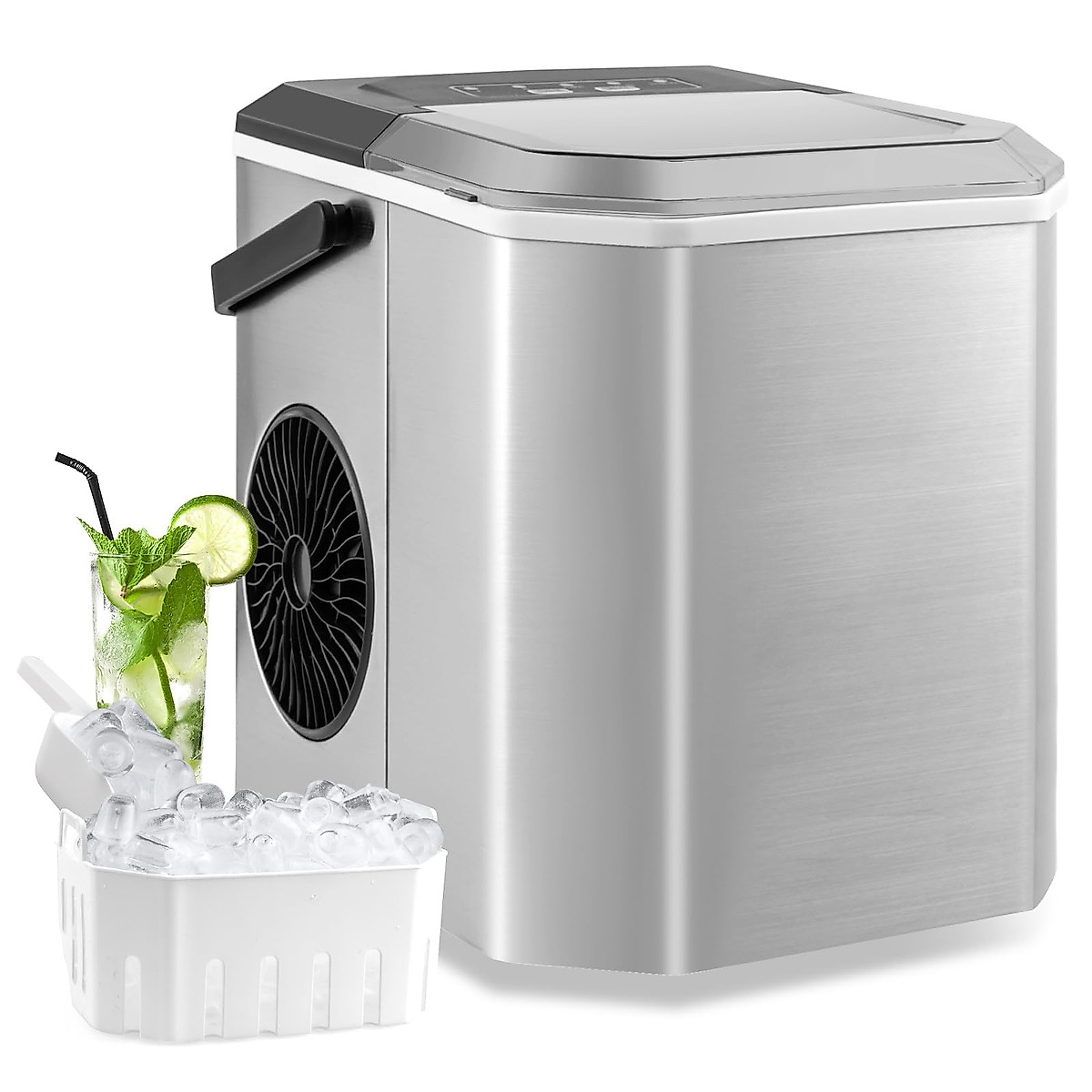 CLEEMAN Ice Makers Countertop, Portable Ice Maker, 9 Ice Cubes Ready in 6-13 Mins, 2 Sizes of Bullet Ice, Self-Cleaning, Ice Machine with Ice Scoop & Basket for Home/Kitchen/Party/RV (Silver)