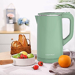 COOKTRON 1.7L Electric Kettle Quiet, Double Wall Hot Water Boiler BPA-Free, Quiet Boil and Cool Touch Tea Kettle, Cordless with Auto Shut-Off & Boil Dry Protection, 1500W Fast Boiling, Green