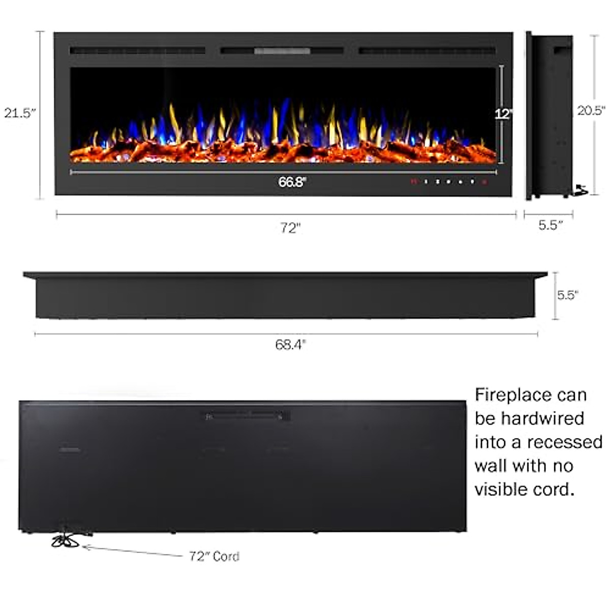 Electric Fireplace - 72 Inch LED Wall or Recessed Fireplace Heater with Front Vent,10 Ember Colors, Touchscreen, and Remote by Northwest (Black)