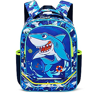 WAWSAM Shark Backpack for Boys - 15 Inch Boys Backpacks for Kids School Kindergarten Primary Elementary Schoolbag Bookbag Blue Backpack with Chest Strap and Bottle Pocket Travel Casual Daypacks