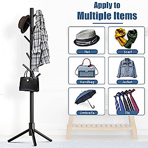Haddockway Wooden Coat Rack Stand with 8 Hooks New Zealand Pine Adjustable Coat Standing Tree Easy Assembly for Coats, Hats, Scarves and Handbags for Entryway, Hallway, Bedroom, Office Black