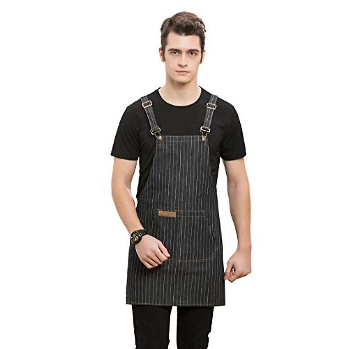 Denim Cross-Back Chef Bib Apron with Pockets for Men and Women (Black Stripe)