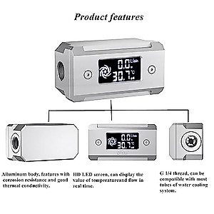 Digital Flow Thermometer CPU Temperature Monitor Water Cooling Flow&Tempeature Indicator G1/4 Thread Flow Meter for PC Water Cooling System