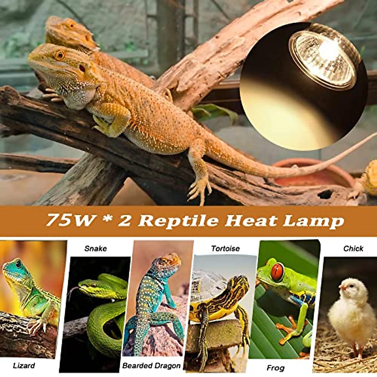 Sinroy Reptile Heat Lamp,Turtle Heating Light with Clip, 2 Pack UVA UVB Bulbs Temperature Adjustable Basking Lamp for Pet Amphibian Reptile Turtle Lizard Snake Chicken(75W,Black)