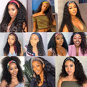 Headband Wigs Deep Wave for Black Women 150% Density Brazilian Virgin Human Hair None Lace Front Wigs Machine Made Wigs Glueless Headband Curly Human Hair Wig 18 Inch