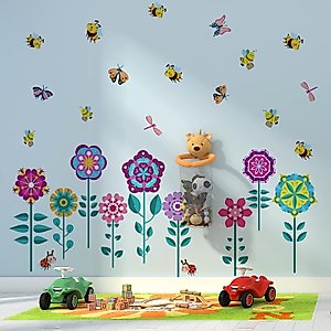 Flower Wall Decals Colorful Butterfly Bee Dragonfly Wall Sticker Peel and Stick Floral Wall Decor for Kids Room Bedroom Nursery Playroom Classroom Decor