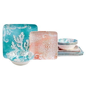 Certified International Inspired Coast 12 Piece Melamine Dinnerware Set, Service for 4, Multicolor