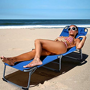 GYMAX Tanning Chair, Beach Lounge Chair with Face Hole, 5 Level Adjustable Backrest, Removable Pillow & Carry Handle, Adult Layout Sunbathing Chair for Outside Beach Poolside Lawn Patio (1, Blue)