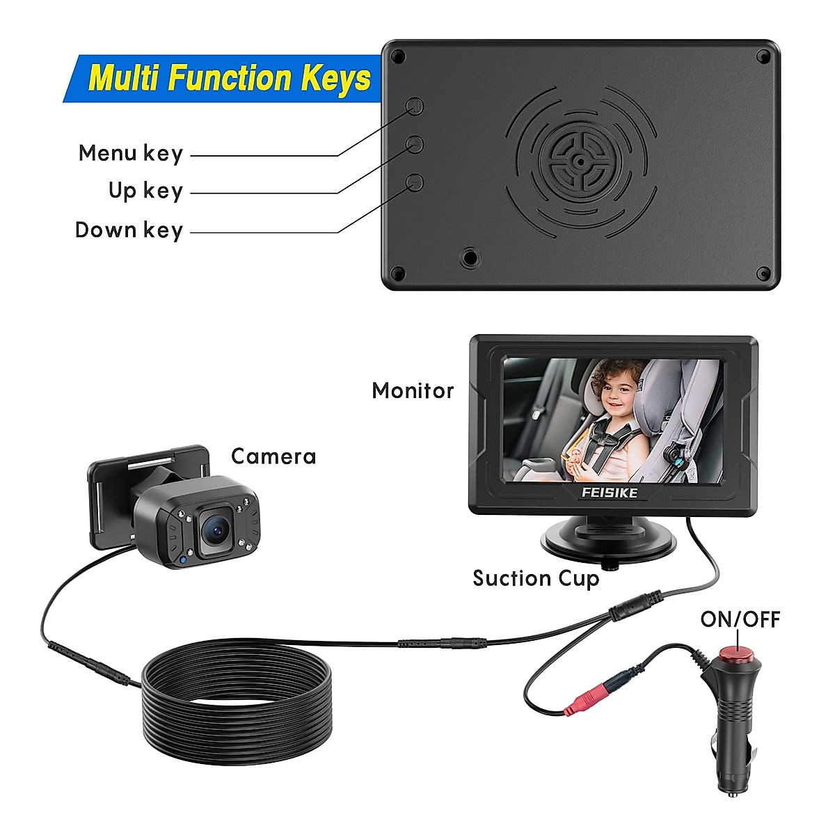 FEISIKE Baby Car Camera, 4.3'' Back Seat Baby Car Camera Mirror for Crystal Infrared Night Vision, 360° Rotation & 149° Wide View, 3 Mins Easy Installation