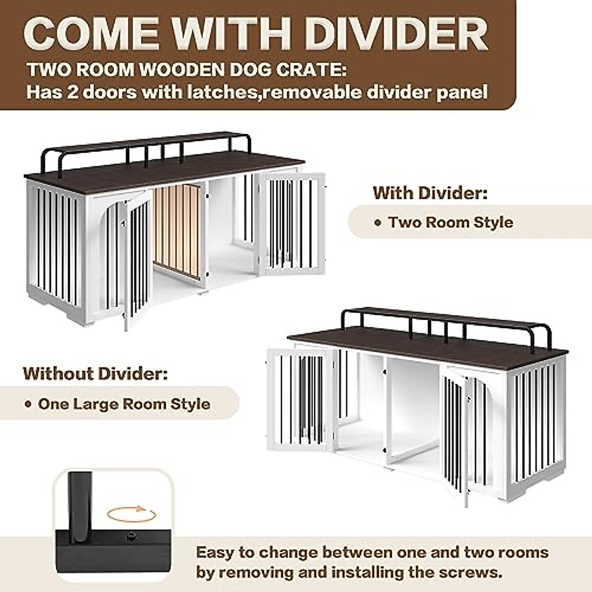 Large Dog Kennel Furniture for 2 Dogs,74.8'' XXL Wooden Double Dog Crates Cage Furniture Style with Divider for Large Breed with Storage Rack Shelf TV Stand Table Indoor,White